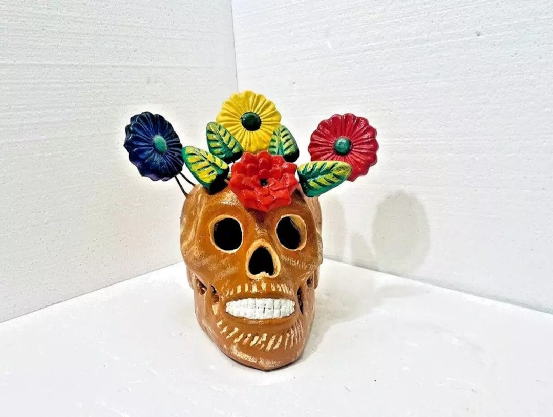 Mexican Sugar Skull With Clay Flowers Muertos Day of the Dead Calavera ...