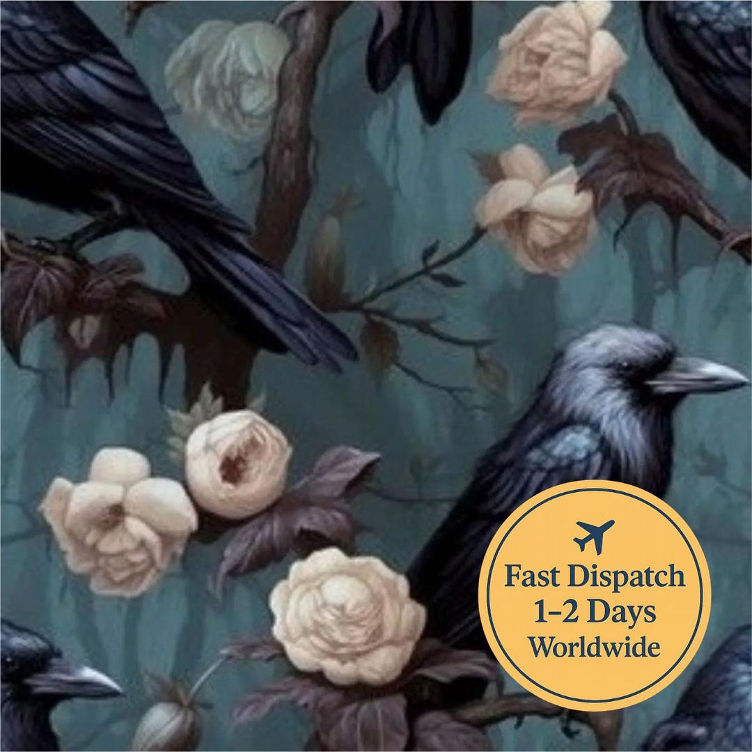 Teal Gothic Crow Fabric Moody Floral Fabric Black Floral Fabric Gothic ...