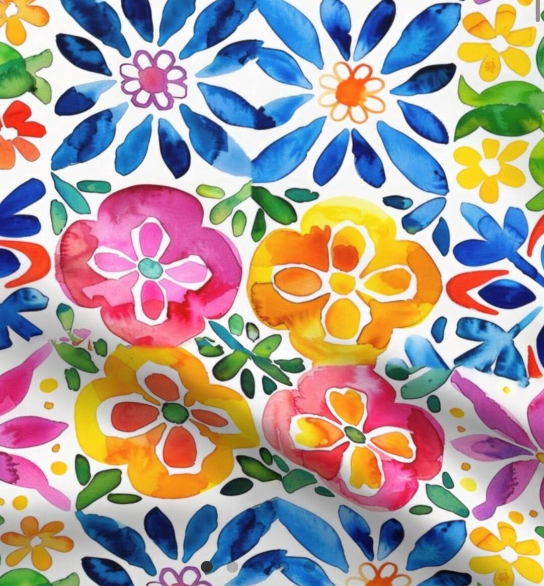 Mexican Tile Fabric Watercolor Talavera Tile Fabric Painted Cinco De ...