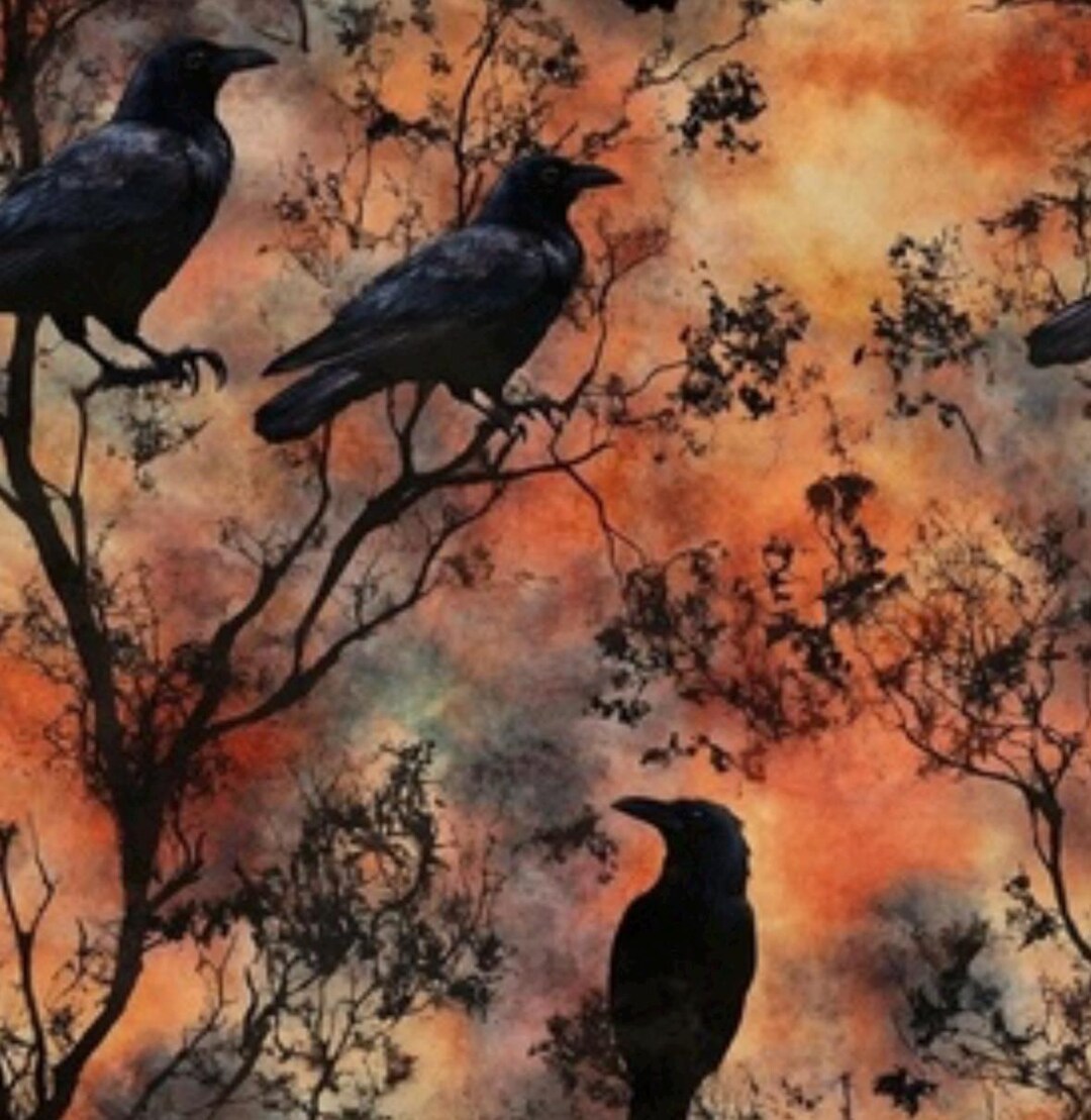 Gothic Crow Fabric Crows at Sunset Floral Fabric Orange Rustic Fabric ...