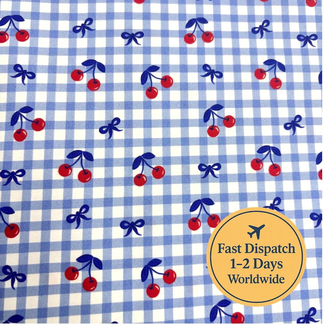 Blue Gingham Check Fabric With Cherries Retro Cherry Cotton Fabric ...