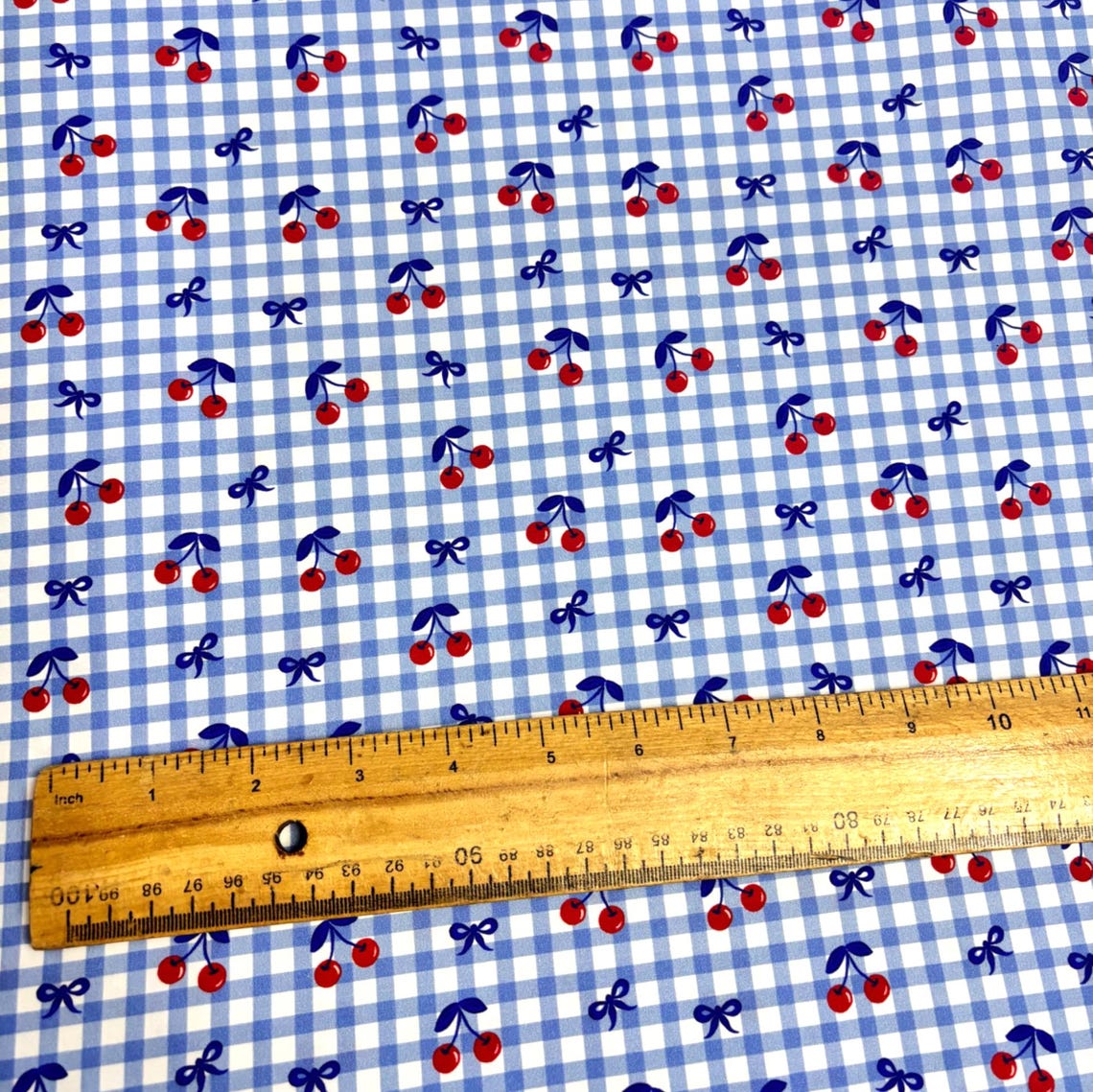 Blue Gingham Check Fabric With Cherries Retro Cherry Cotton Fabric ...