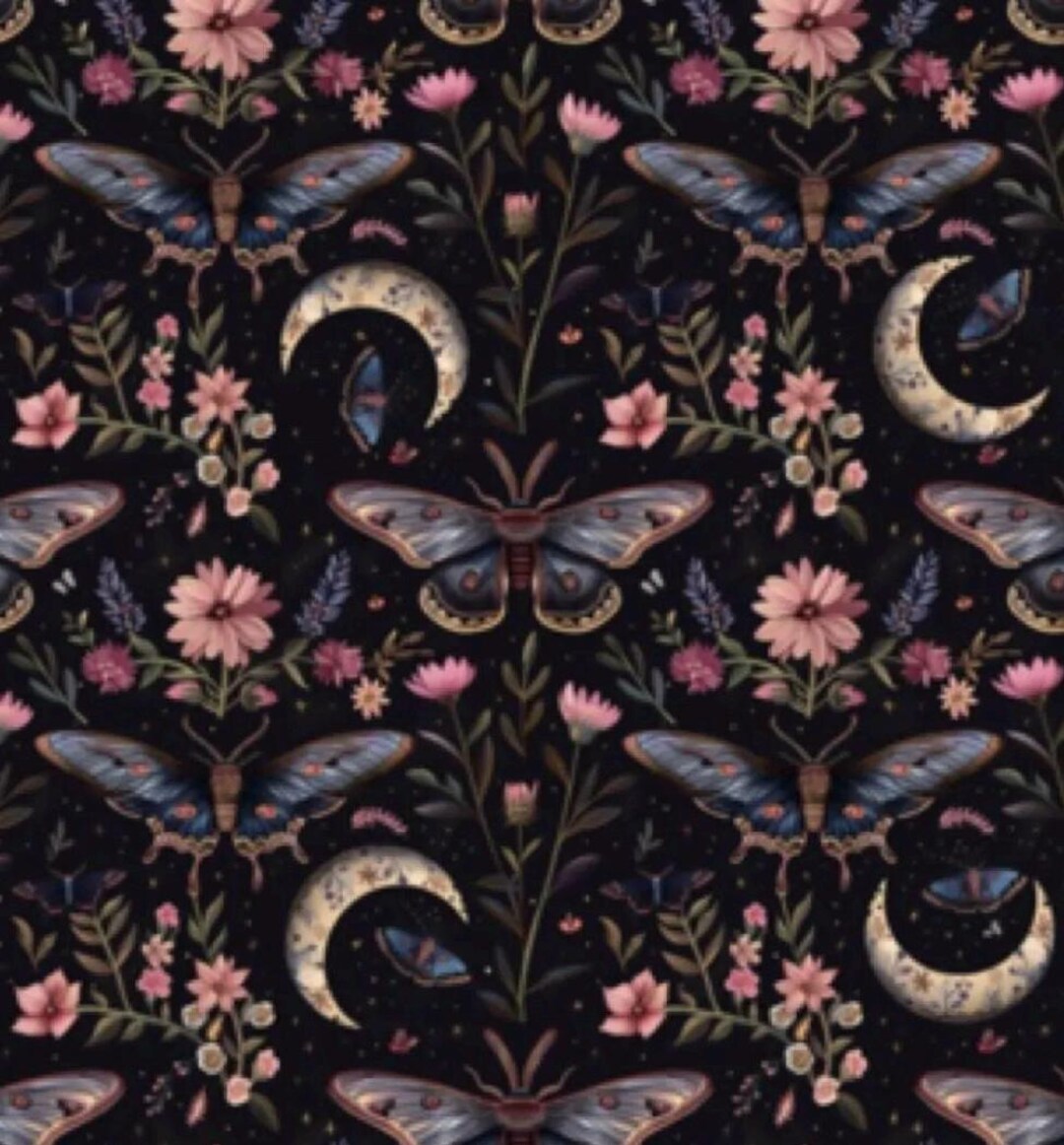 Gothic Moth Fabric Witch Fabric Black Moody Floral Fabric Celestial ...