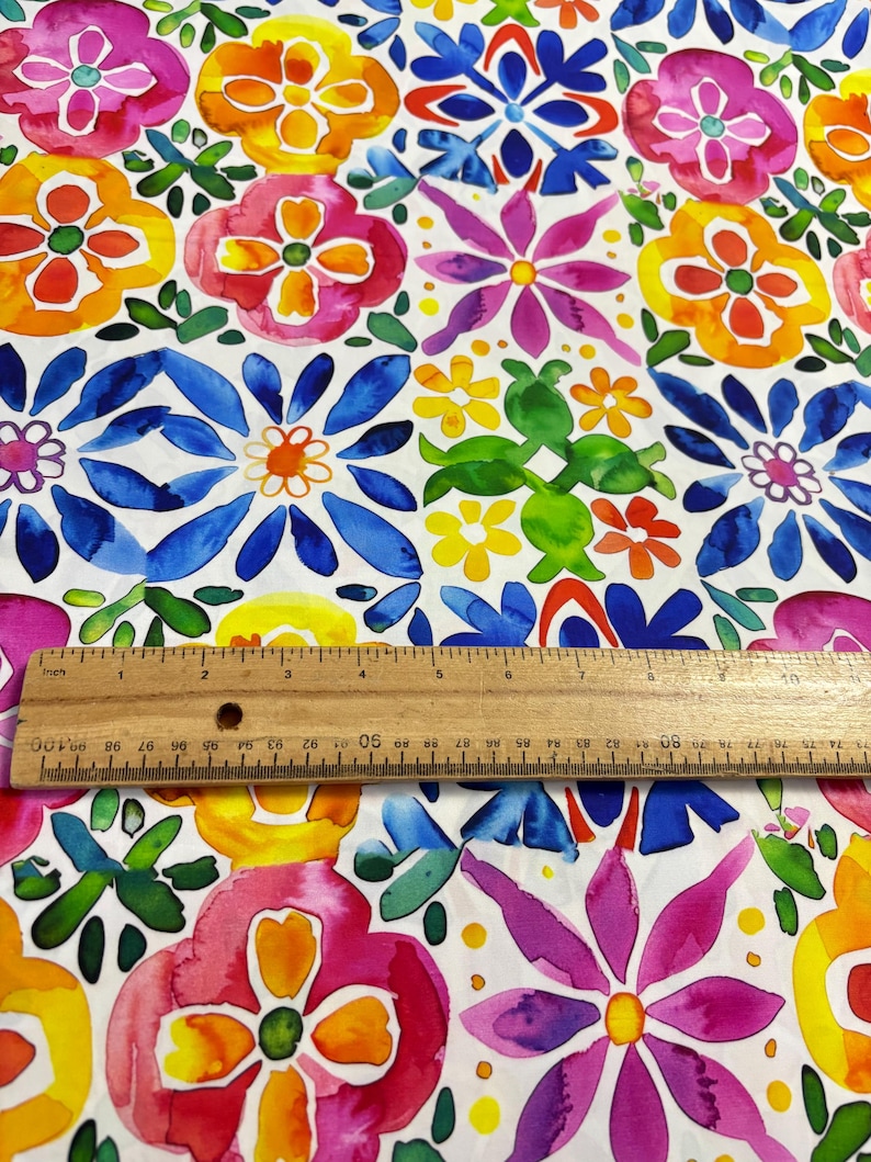 Mexican Tile Fabric Watercolor Talavera Tile Fabric Painted Cinco De ...