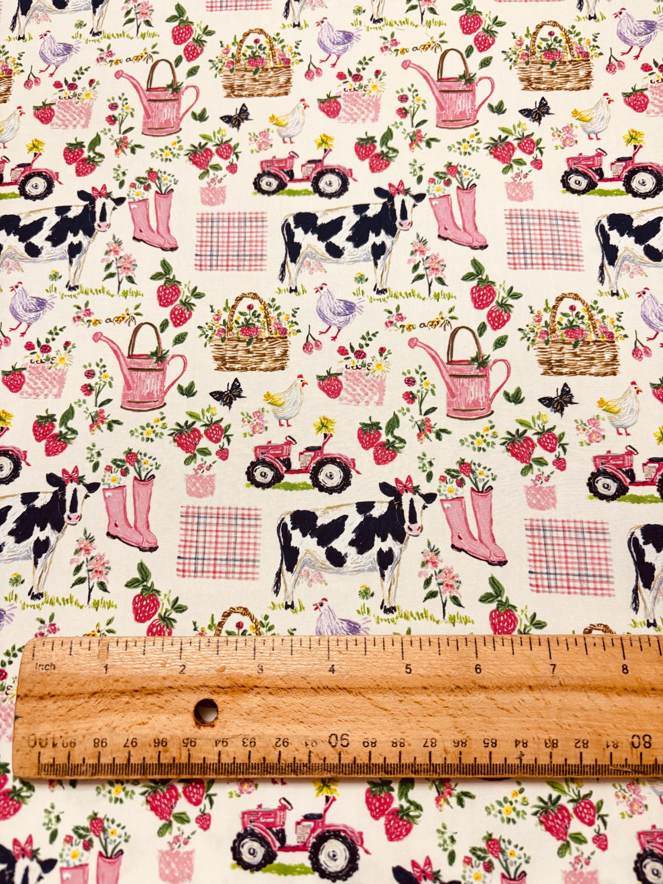 Pink Farmyard Fabric – Cottagecore Cow & Chicken Pattern – Cotton ...