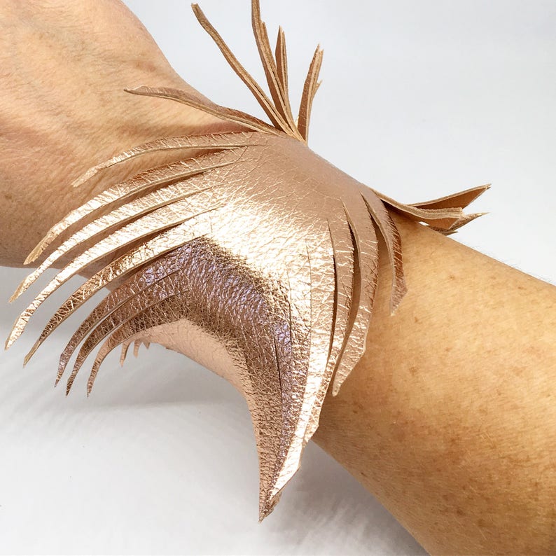 Rose Gold Leather Feather Wrap Cuff Wide Leather Cuff Leather Bracelet ...