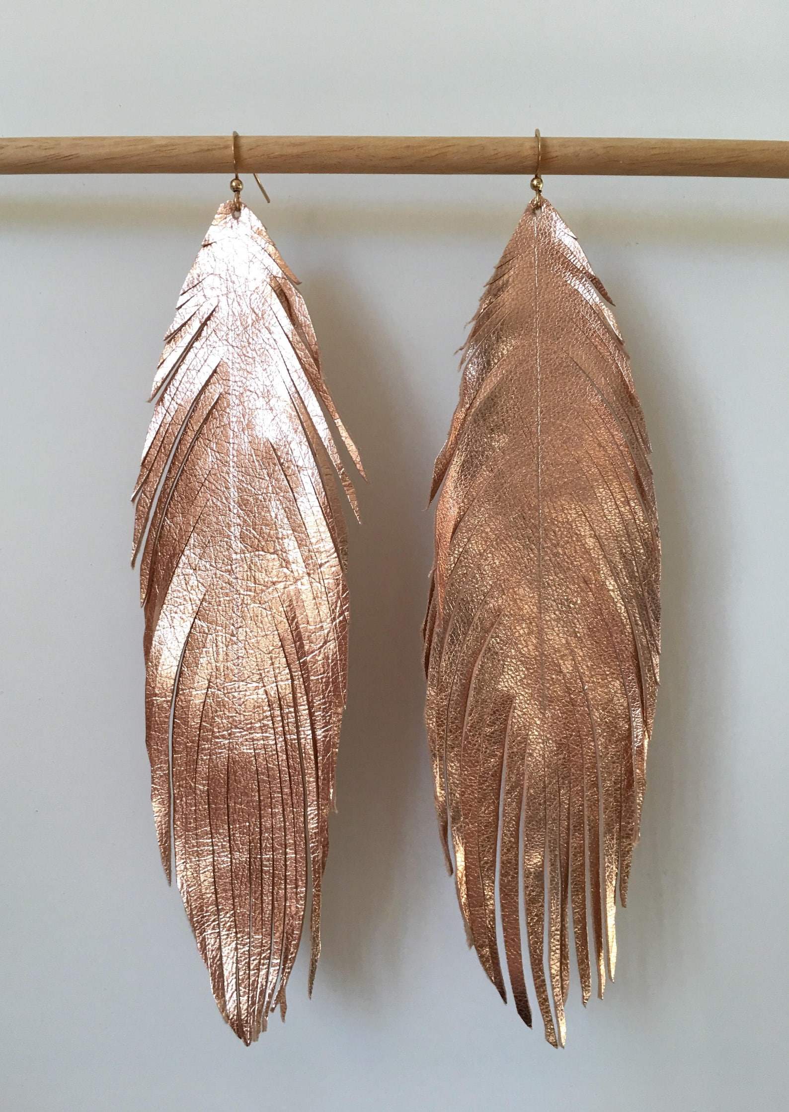 EXTRA LONG 6 Inch Rose Gold LEATHER Feather Earrings Leather Earrings ...