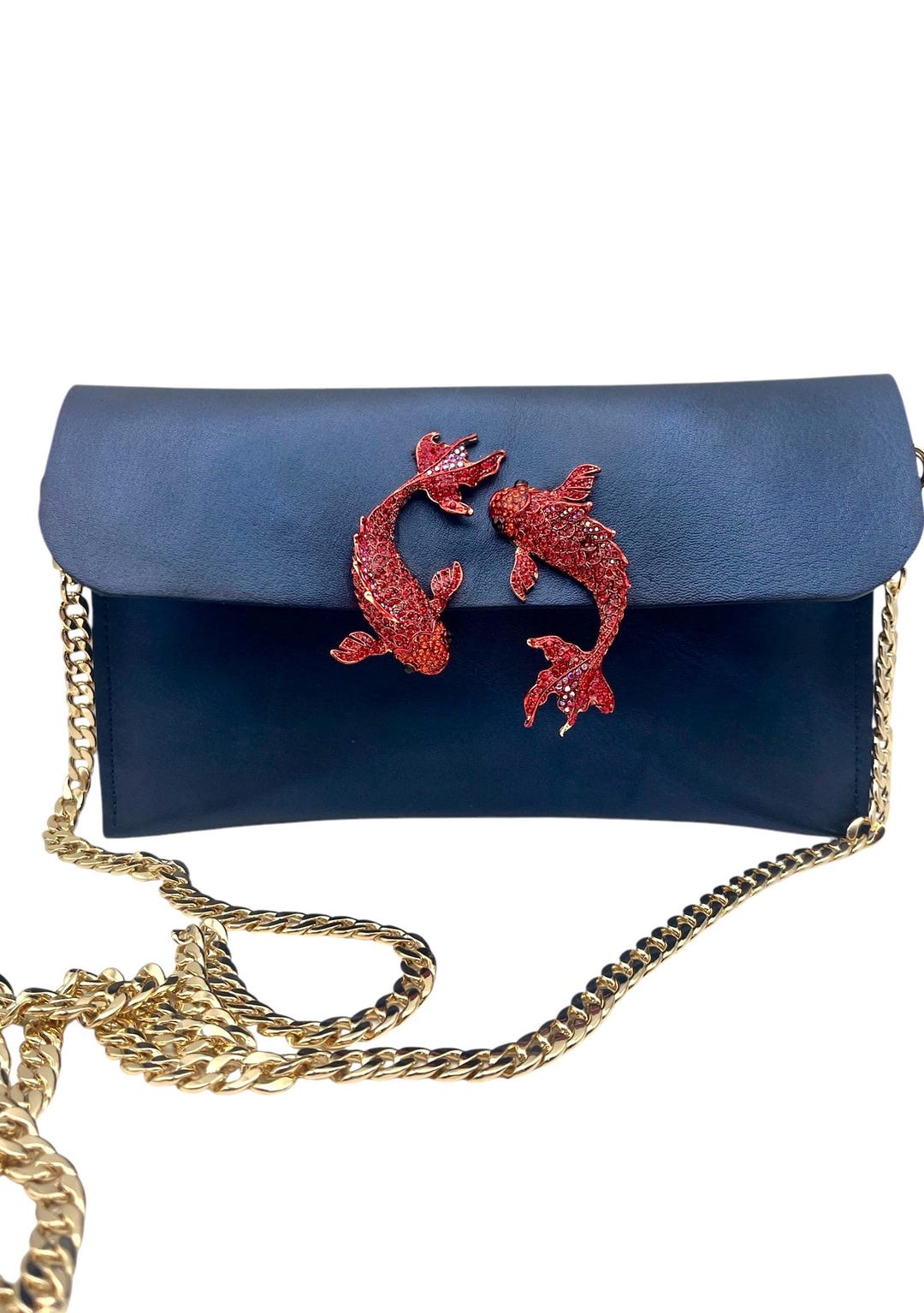 Italian Leather Clutch Koi Goldfish Leather Clutch Navy Clutch Purse ...