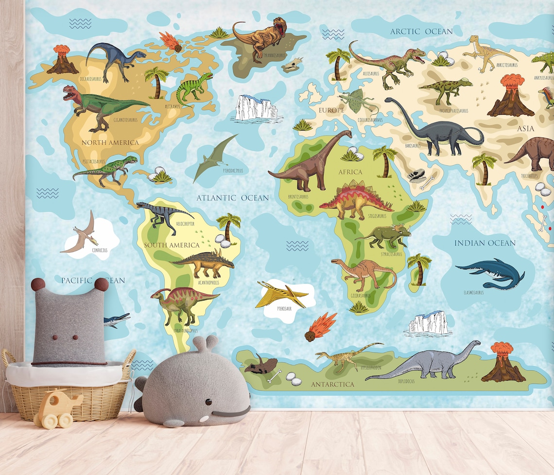 Dinosaur World Map Wallpaper Dinosaur Wall Mural Dinosaur - Etsy
