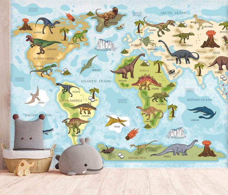Dinosaur World Map Wallpaper Dinosaur Wall Mural Dinosaur - Etsy