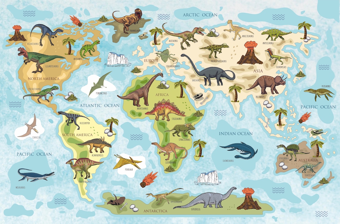Dinosaur World Map Wallpaper Dinosaur Wall Mural Dinosaur - Etsy