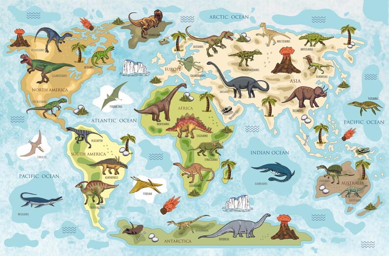 Dinosaur World Map Wallpaper Dinosaur Wall Mural Dinosaur - Etsy