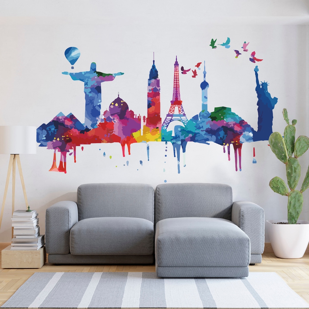 Famous Landmarks Wall Sticker, World Wall Decal, Watercolor, Cities ...