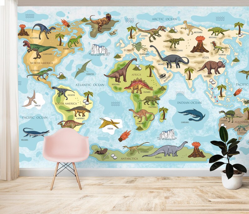 Dinosaur World Map Wallpaper Mural - Custom Size Photo Decor - Kids ...