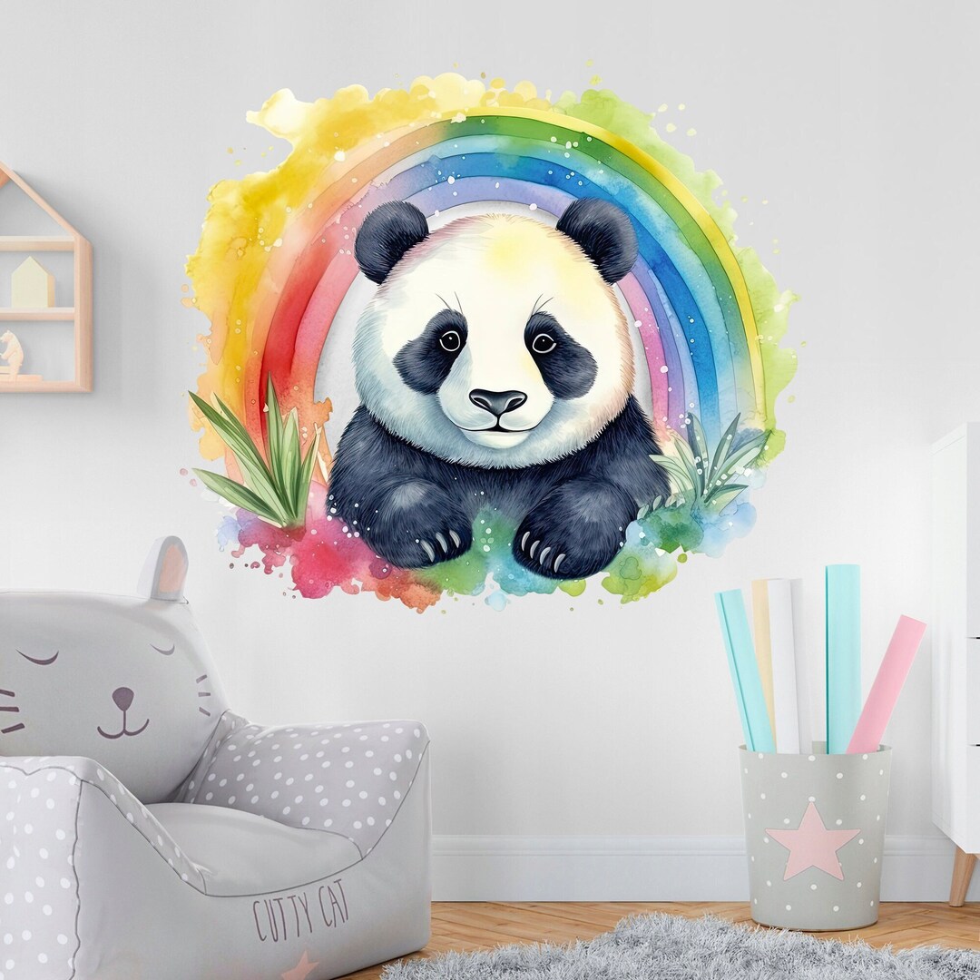 Panda Wall Sticker, Bear Wall Decal, Watercolor, Rainbow, Pet Wall ...