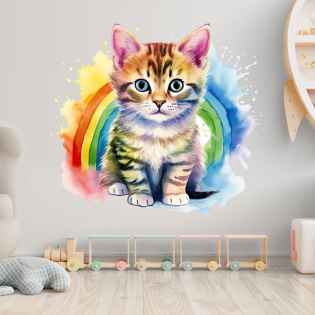 Watercolor Cat Wall Sticker - Rainbow Kitten Decal for Home Decor Pet ...