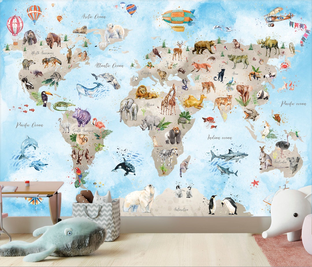 World Map Wallpaper, World Map in Watercolor, Wall Mural, Animals ...