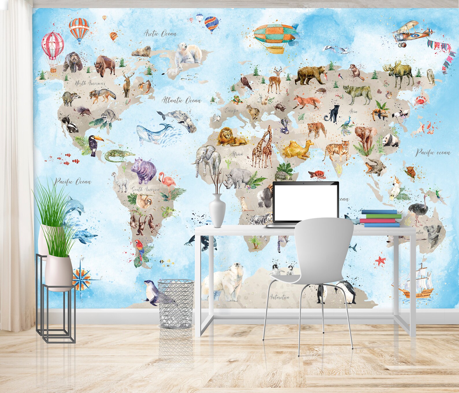 World Map Wallpaper World Map in Watercolor Wall Mural - Etsy