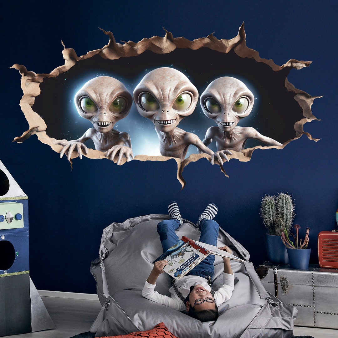 Aliens 3D Wall Sticker, Wall Decal, Aliens Climb Out of the Wall, Space ...