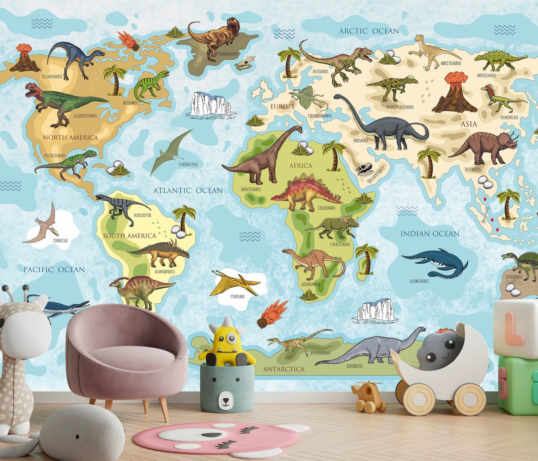 Dinosaur World Map Wallpaper, Dinosaur Wall Mural, Dinosaur Name, Large ...