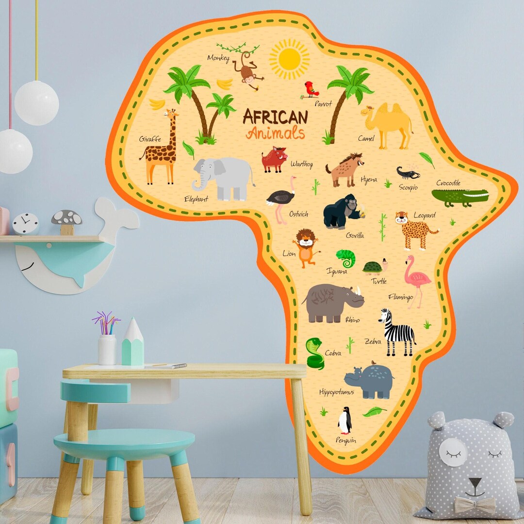 African Animals Wall Decal for Kids - Wild Animal Names Wall Art - Fun ...