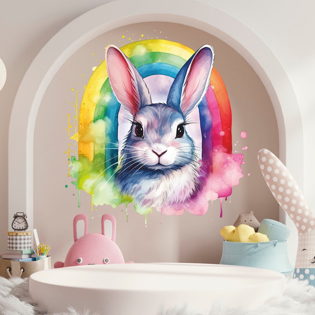 Rabbit Wall Sticker, Bunny Wall Decal, Watercolor, Rainbow, Pet Wall ...