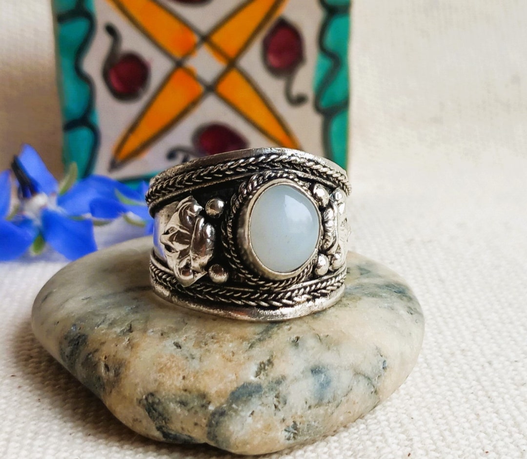 White Onyx Ethnic Ring - Nepal Tibet - Stone Ring - Boho Ring - Men's ...