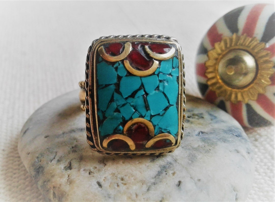 Ethnic Ring With Fine Stones Nepal Tibet Himalaya-turquoise Ring - Etsy