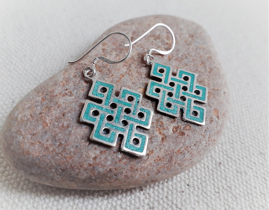 Turquoise Zen Buddhist Endless Knot Earrings - Nepal Tibetan Jewelry - Etsy