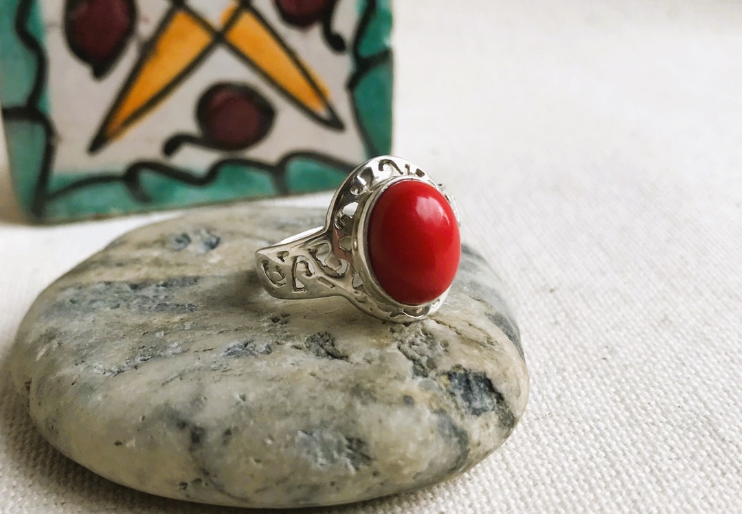 925 Sterling Silver Coral Stone Ring-nepal Tibet Ring-world Jewelry ...