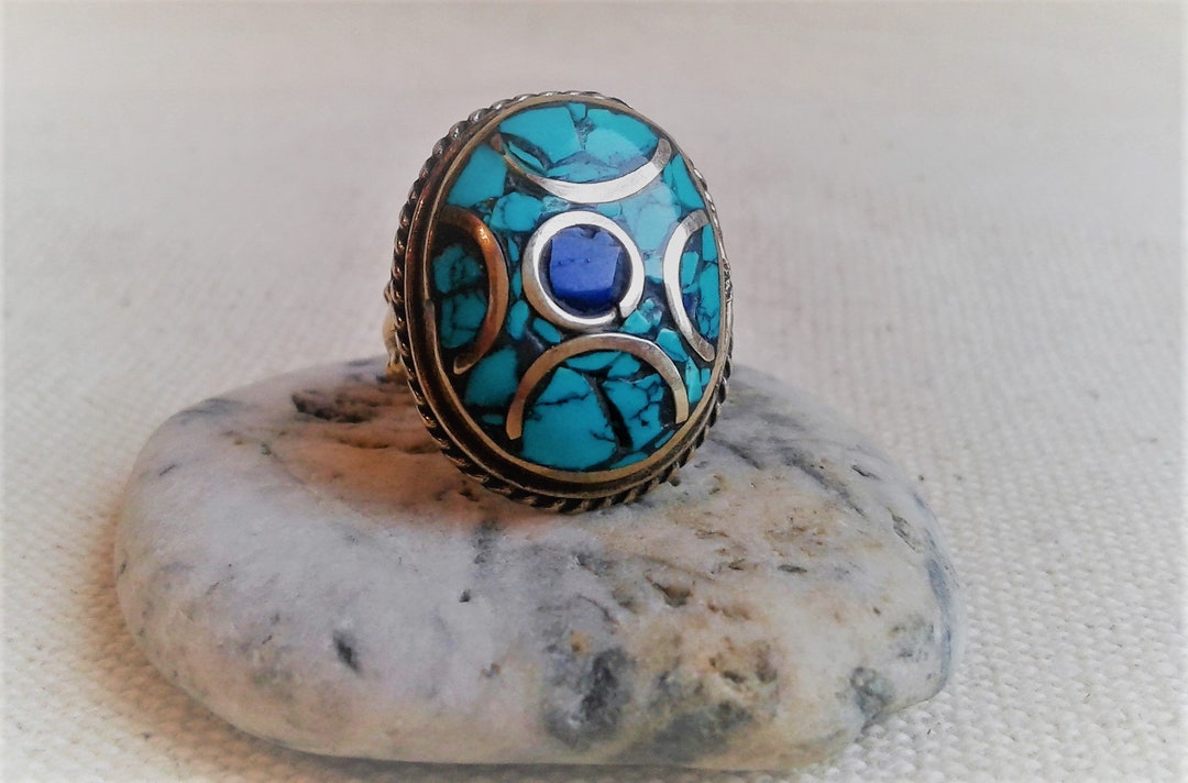 Ethnic Fine Stone Ring Nepal Tibet-turquoise Lapis Lazuli - Etsy UK