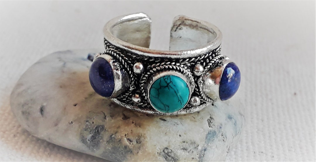 Ethnic Turquoise and Lapis Lazuli Ring - Nepal and Tibet - Gemstone ...