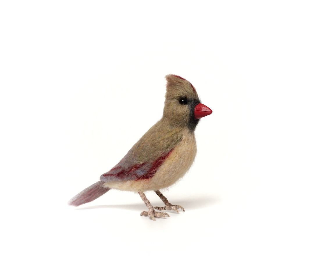 Realistic Wool Female Cardinal Decor Figurine, Needle Felted Bird ...