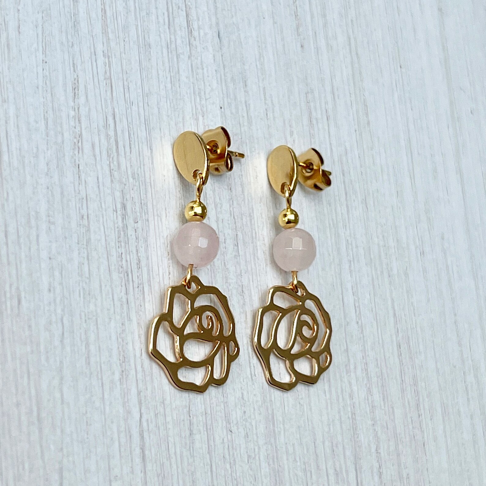 Stud Earrings Drops in Golden Steel With Pink Quartz Pearl and - Etsy