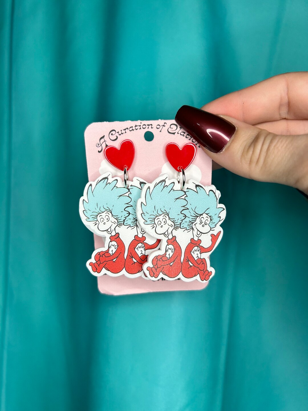 Thing 1 and 2 Dr Seuss Acrylic Statement Handmade Long Dangle Earrings ...