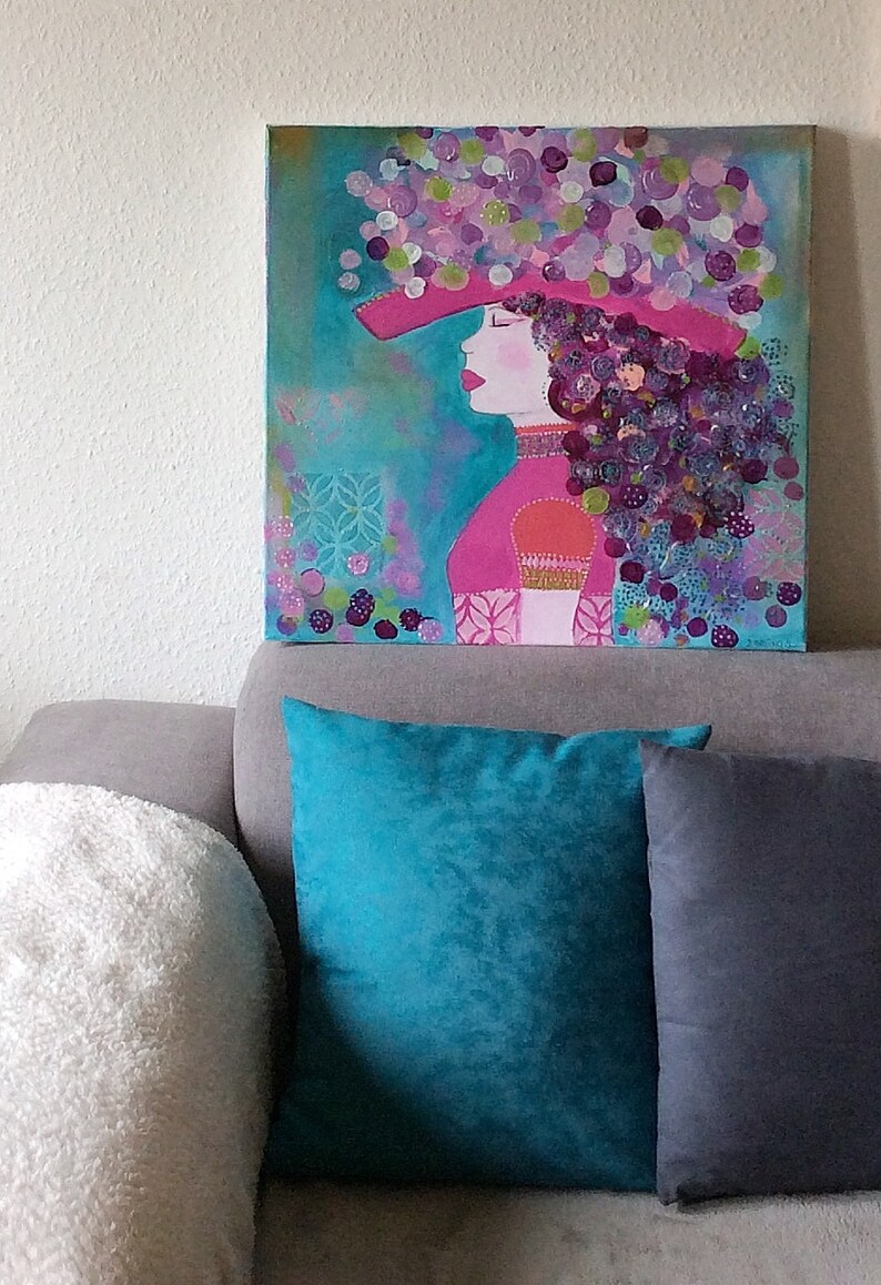 Tableau portrait femme Tableau moderne femme au chapeau | Etsy