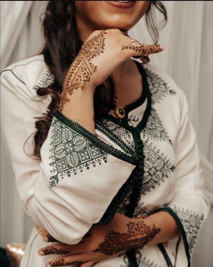 Caftan Tarz Fassi Dress, White and Green Takchita, Bridal Dress ...