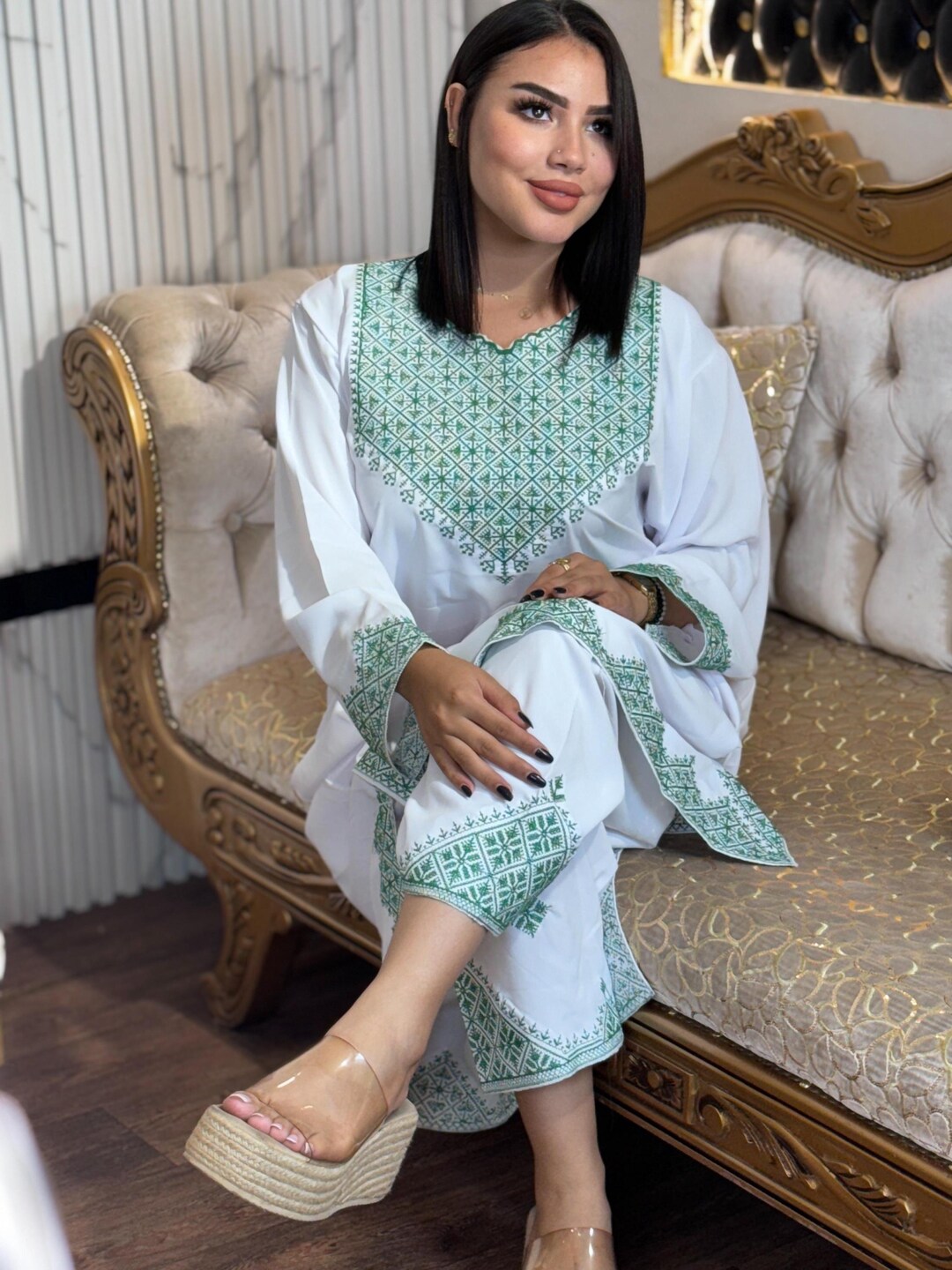 Caftan Tarz Fassi Dress, White and Green Takchita, Bridal Dress ...