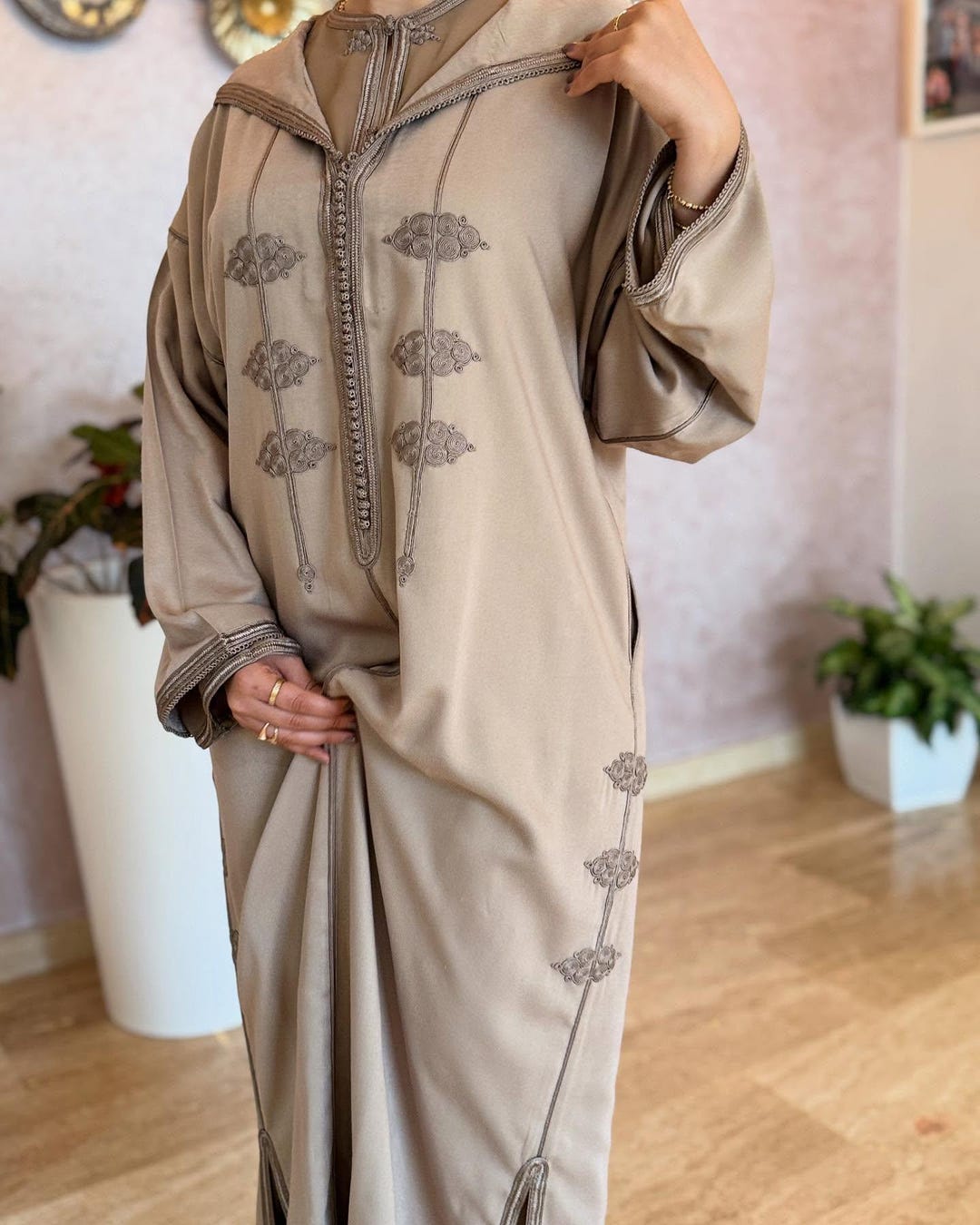 Moroccan Jellaba 2 Pieces, Beige Moroccan Djellaba With Embroidery ...
