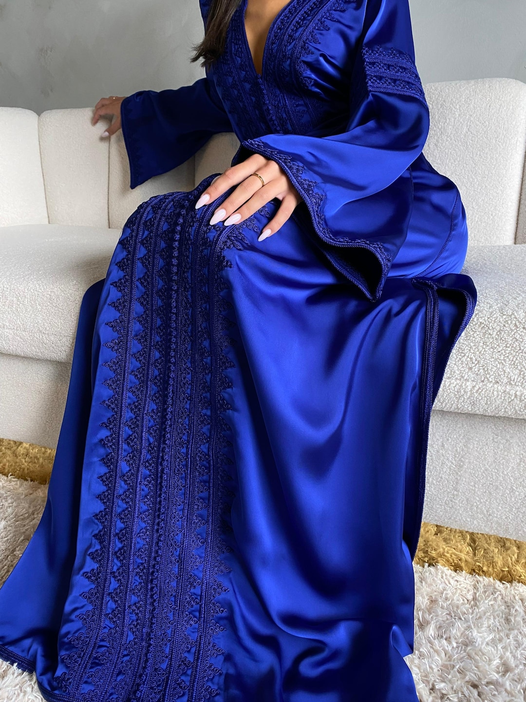 Royal Blue Moroccan Kaftan Dress – Handmade Satin Takchita With Sfifa ...