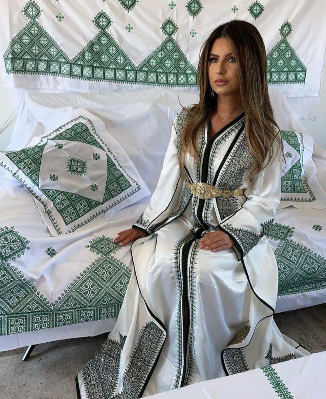 Caftan Tarz Fassi Dress, White and Green Takchita, Bridal Dress ...