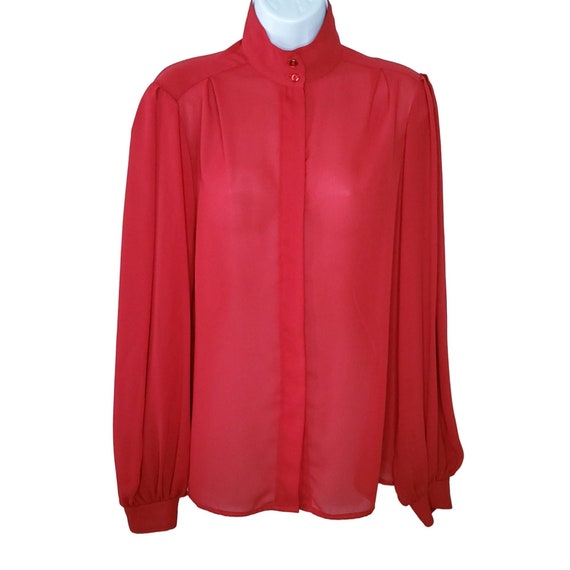 Vintage Sheer Red Secretary Blouse 12 Flowy Sleeves M… - Gem