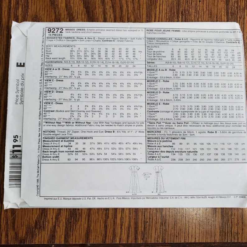 90s Mccalls Pattern 9272 Empire Princess Seam Dress Maxi V Scoop Neck A ...