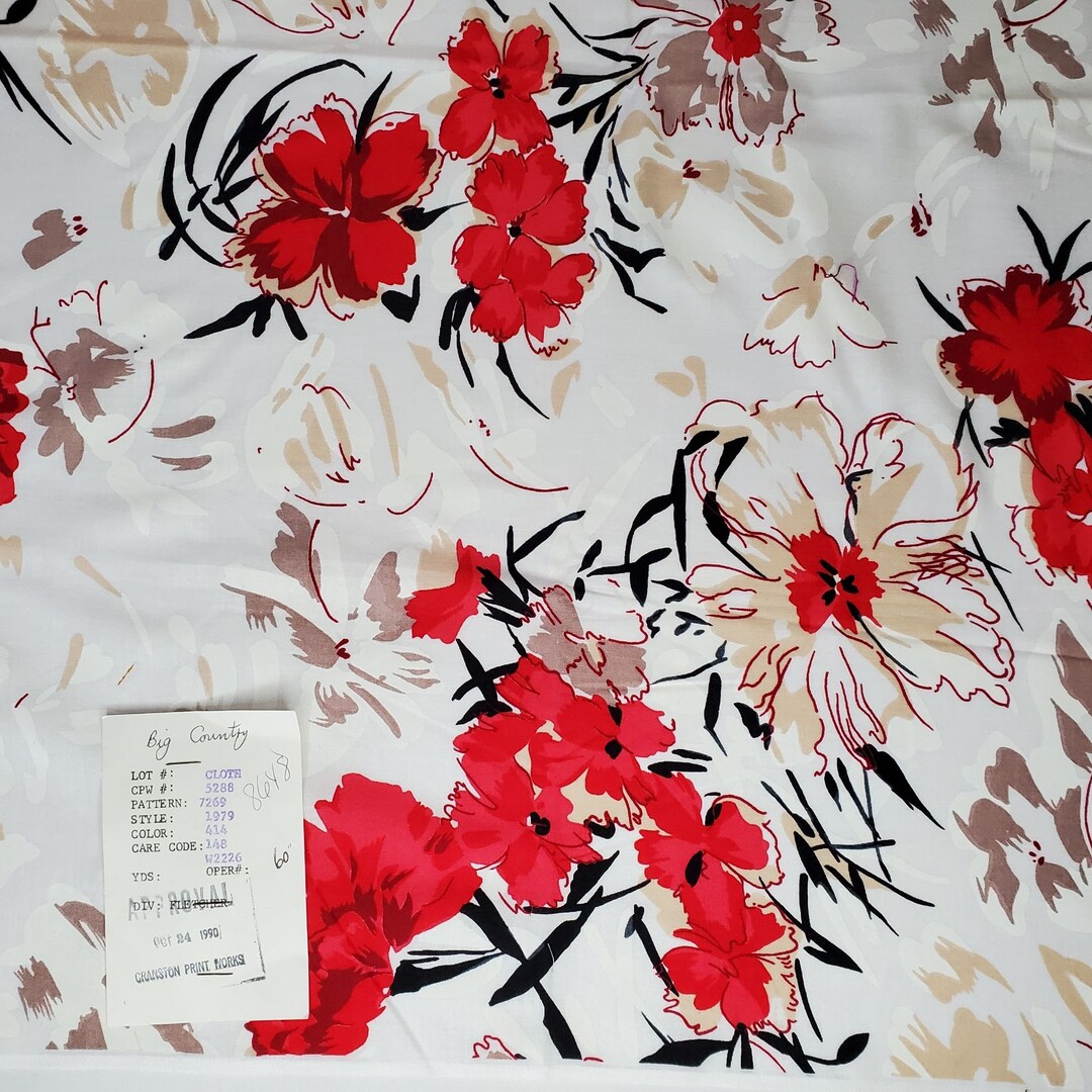 Vintage Bold Red Abstract Floral Fabric Black Brown White Semi Sheer ...