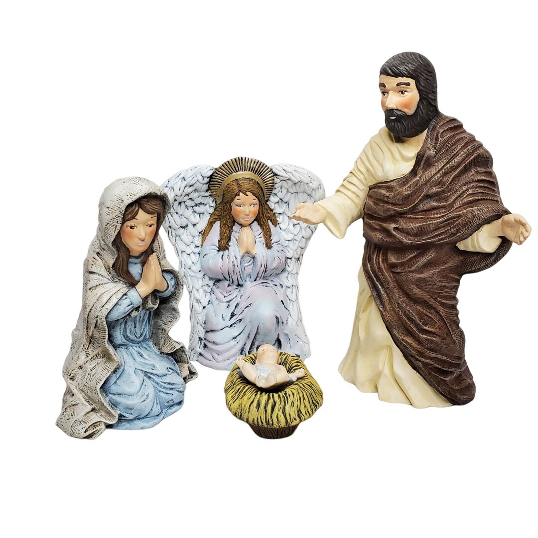 Vtg 90s Chalkware Nativity Set Angel Mary Joseph Baby Jesus Religious ...