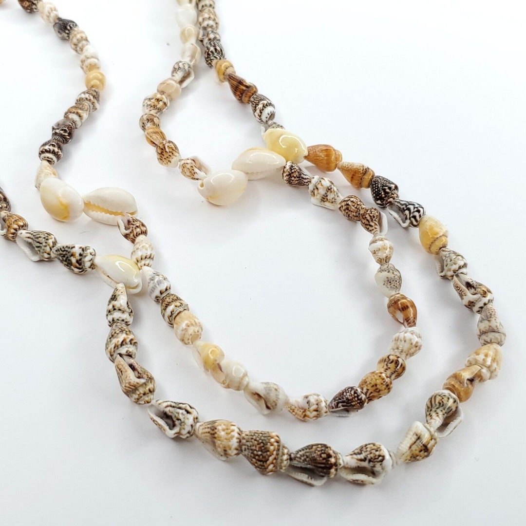 2 Long Puka Conch Cowrie Shell Necklace Ivory Brown Boho Beach Cruise ...