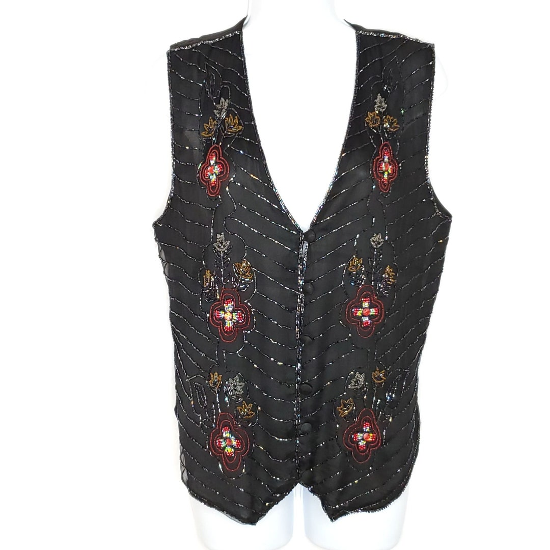 Vintage Hand Beaded Floral Silk Vest Sz M Sleeveless Button Front V ...