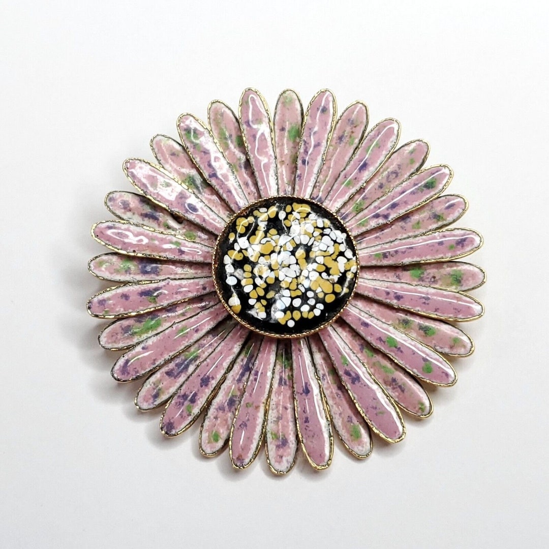 Vintage Metal Enamel Daisy Flower Floral Brooch Pin Pink Black Goldtone ...