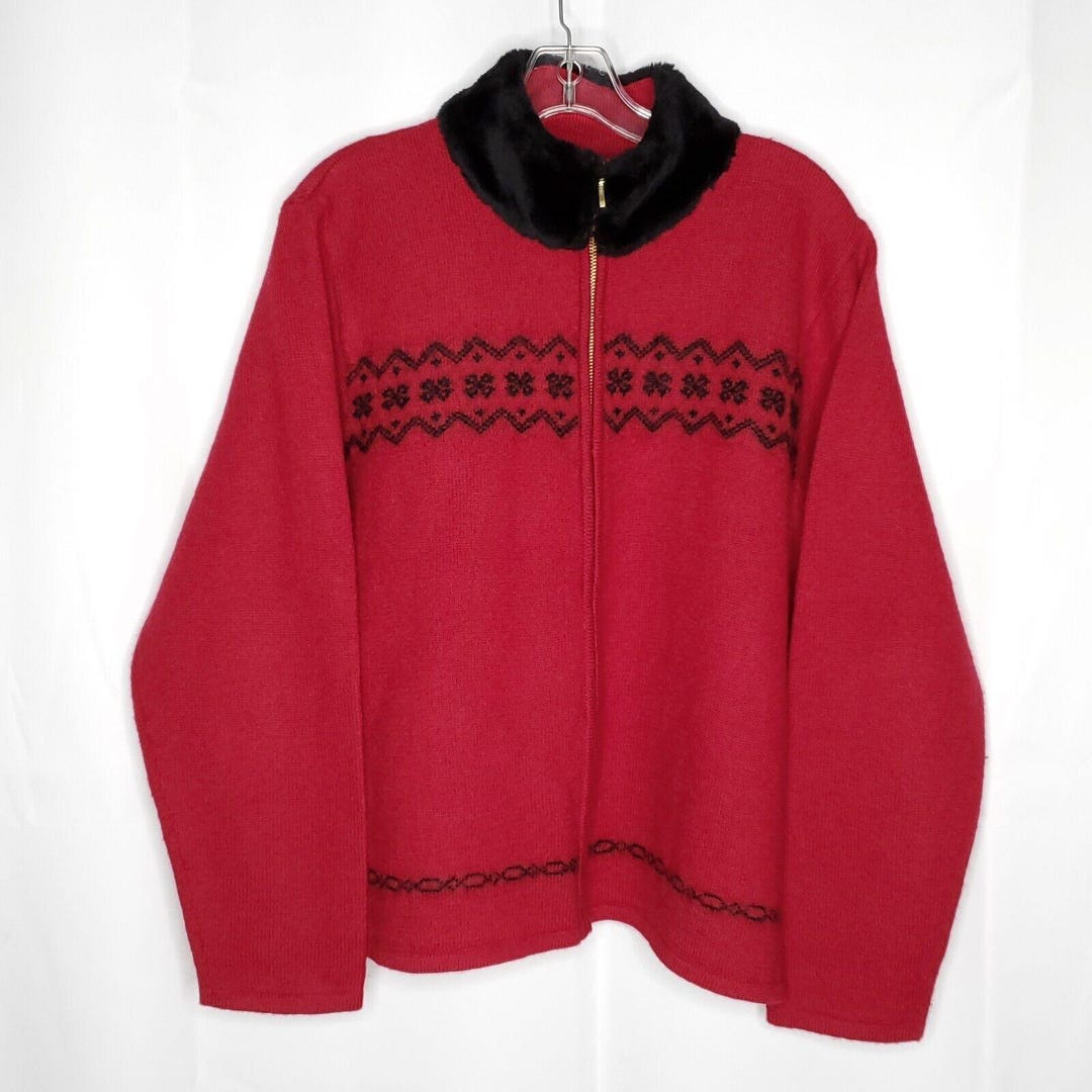 Nordic Wool Cardigan Sweater Jacket XL Snowflakes Zip Faux Fur Neck Red ...