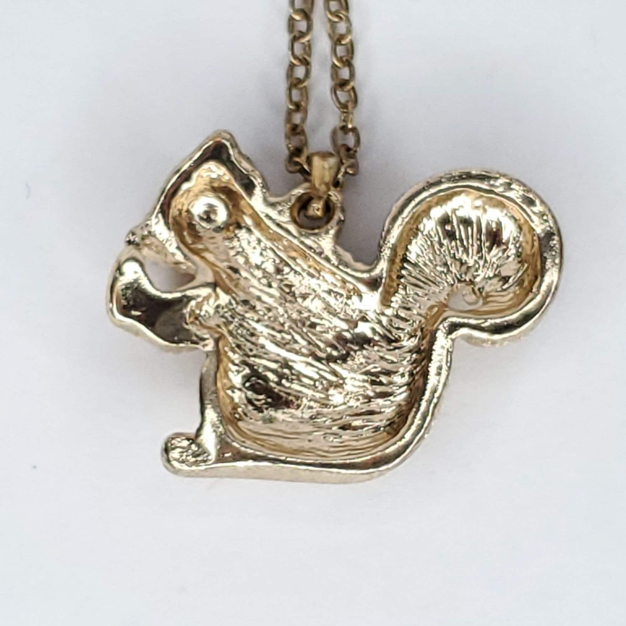 Vintage Chipmunk Squirrel Pendant Necklace Rhinestone Brown Enamel Gold ...